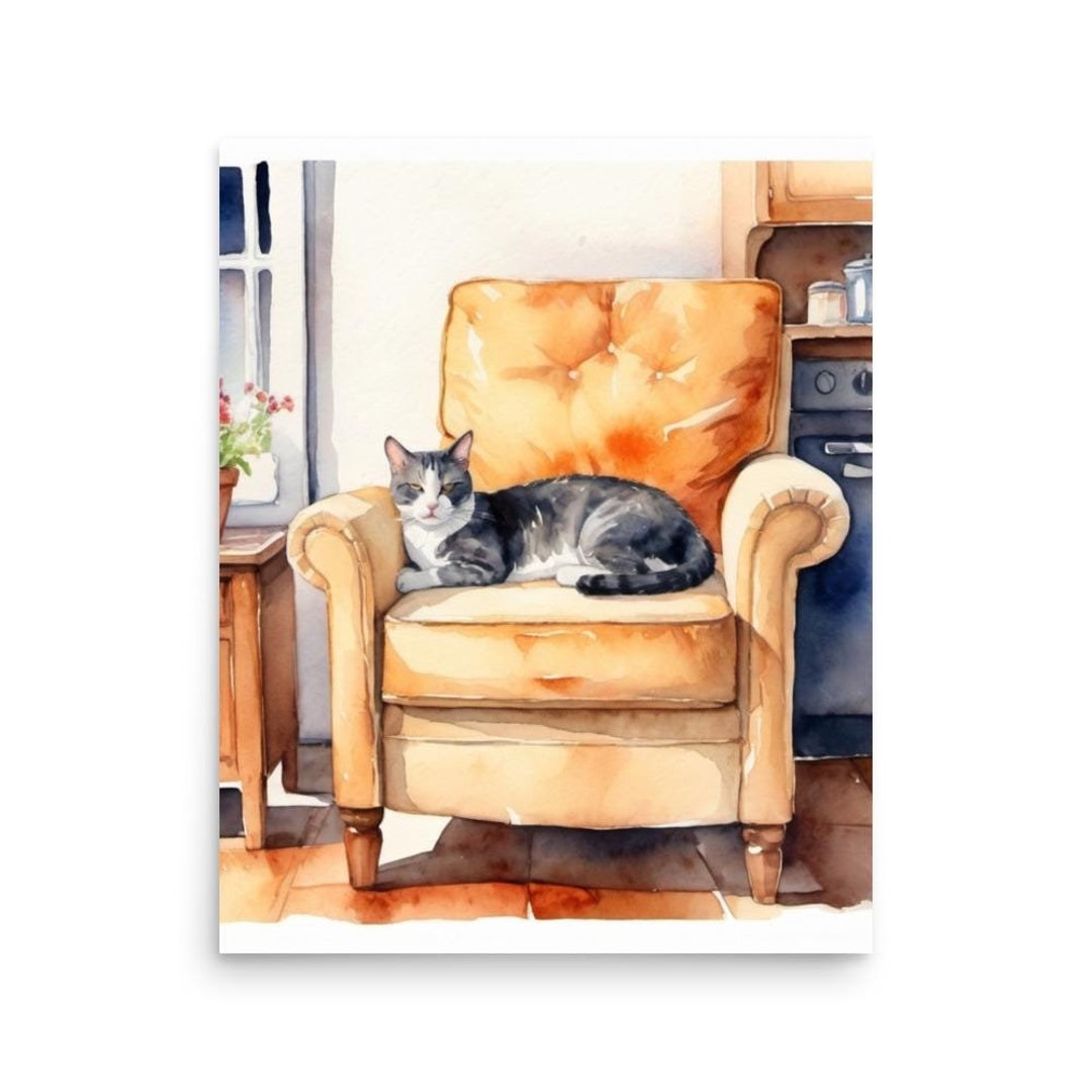 Sleeping Cat Watercolor Art Print: Black and White Pet Portrait - Etsy