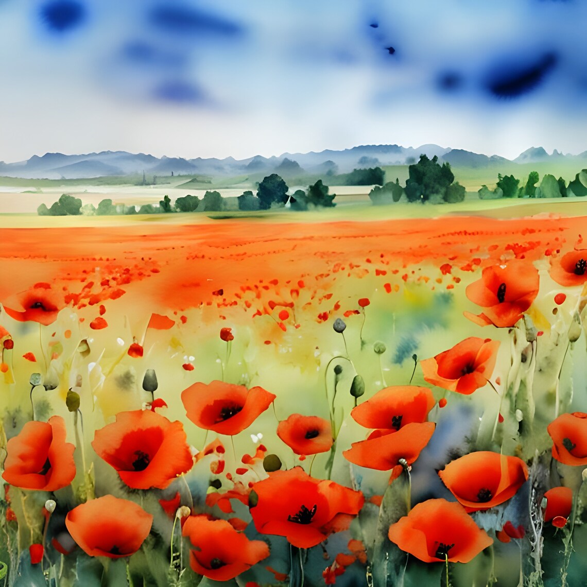 Poppies Field Watercolor Painting California Poppy Print Poppies Meadow ...