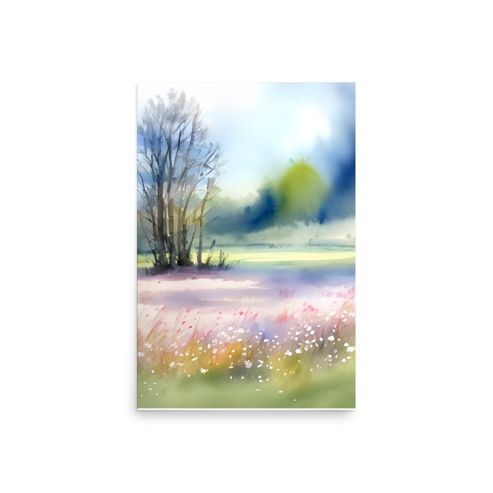 Spring Landscape Painting Misri Forest and Wildflowers Field Watercolor ...