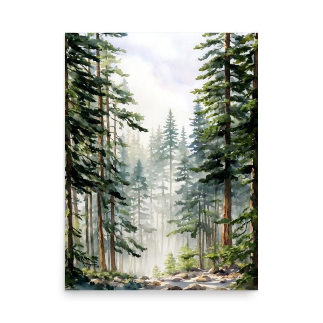 Smoky Pine Forest Watercolor Art Print: Pacific Northwest Woodland - Etsy