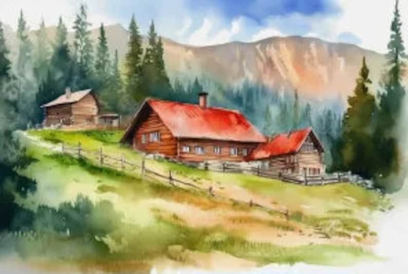 Mountain Cabin Watercolor Painting Pacific Northwest Mountain - Etsy