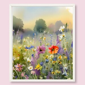 Wildflower Meadow Watercolor Art Print: Panoramic Landscape - Etsy