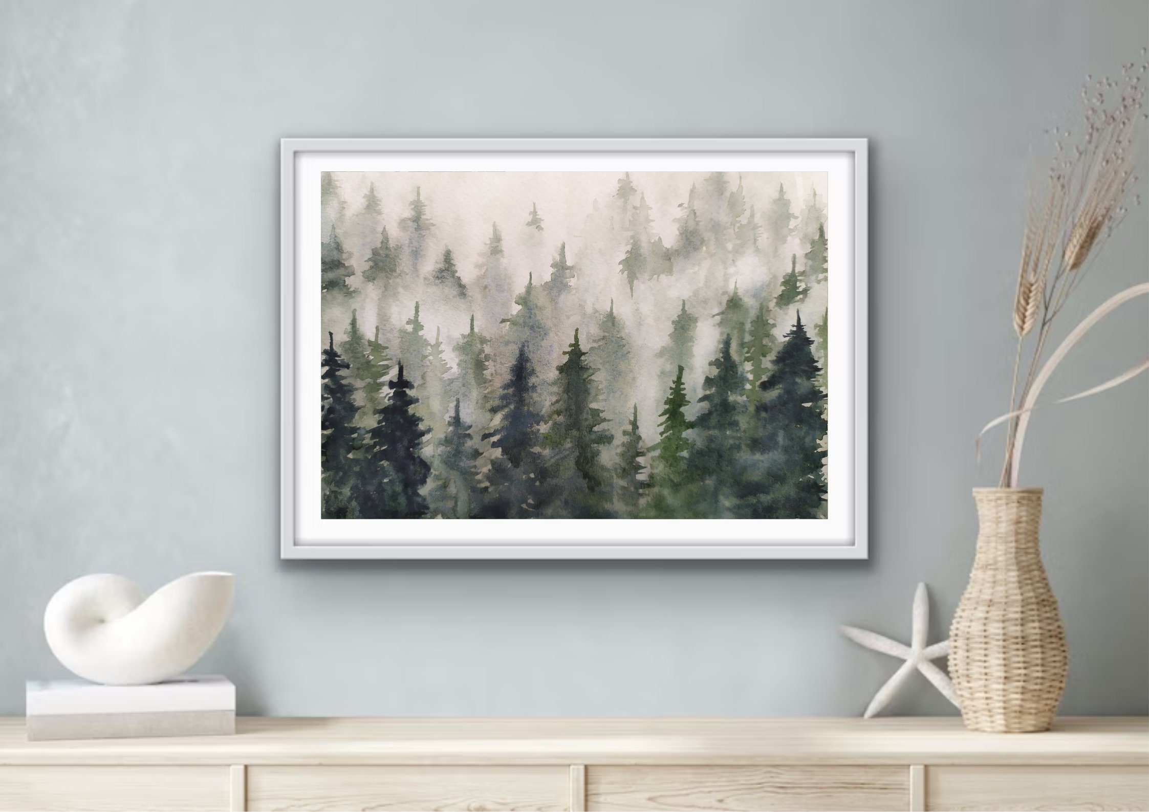 Misty Pine Forest Watercolor Painting Pacific Northwest Landscape Art ...