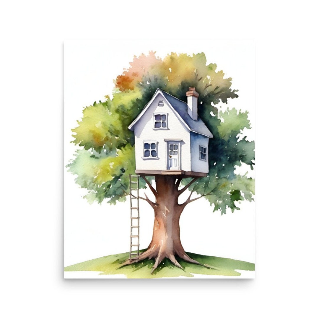 Tree House Watercolor Art Print: Children's Cottage Wall Decor - Etsy
