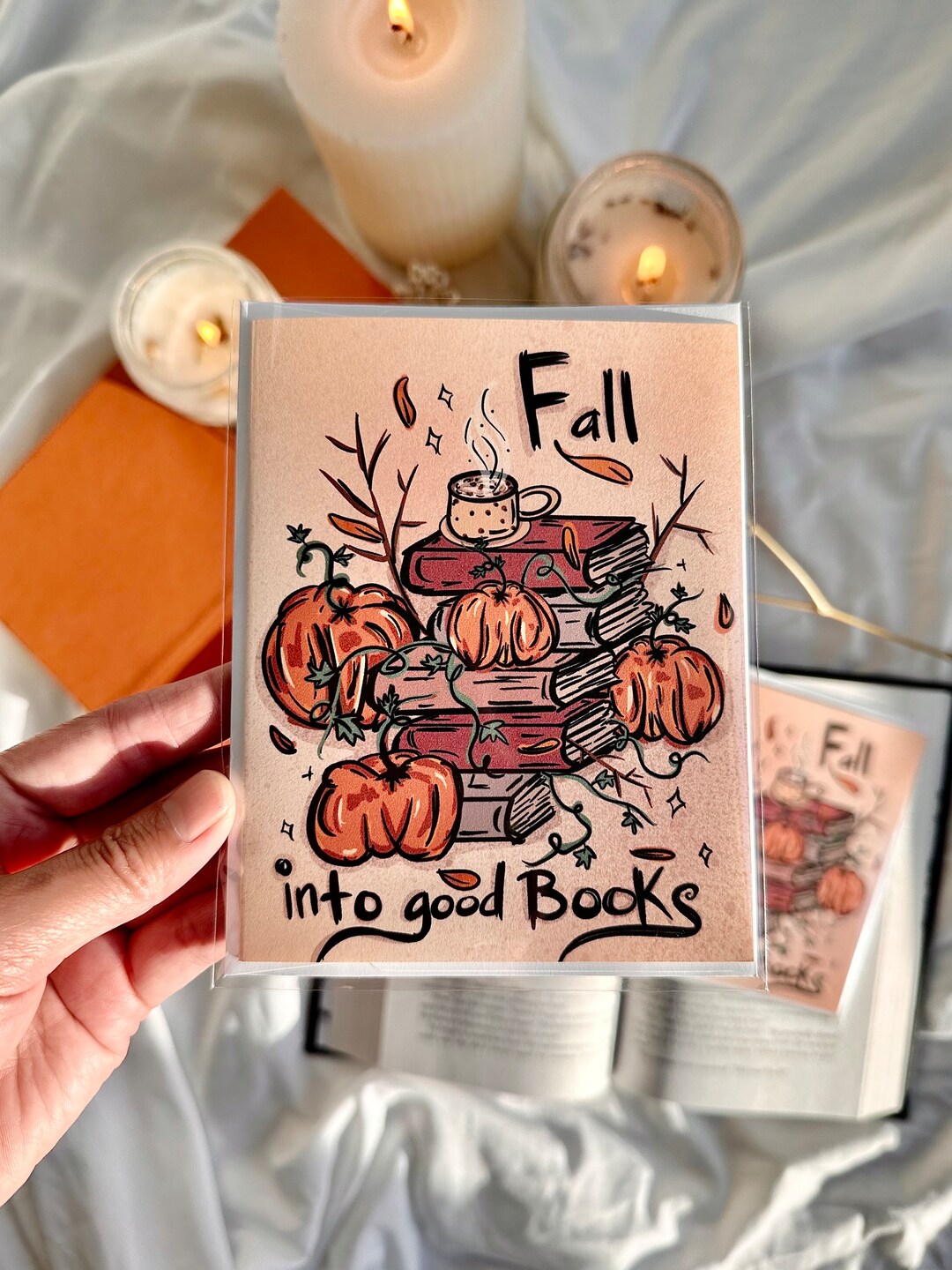 Fall Into Good Books Greeting Card: Book Lover Autumn Illustration - Etsy