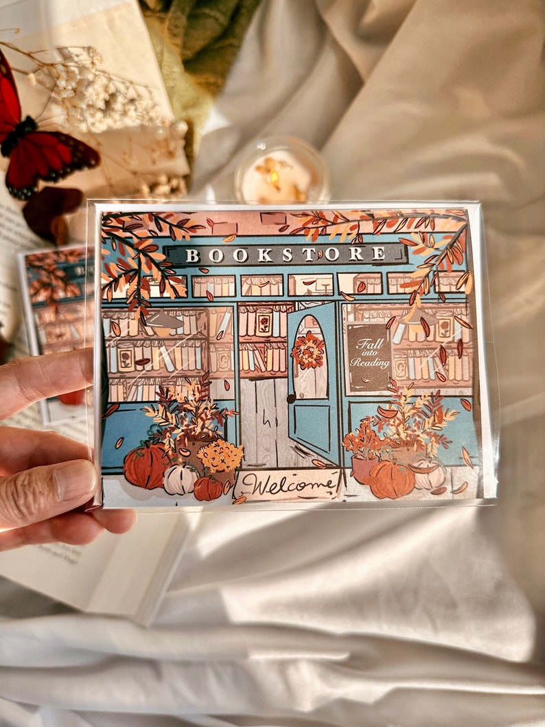 Fall Bookshop Greeting Card: Illustrated Autumn Bookstore Scene - Etsy
