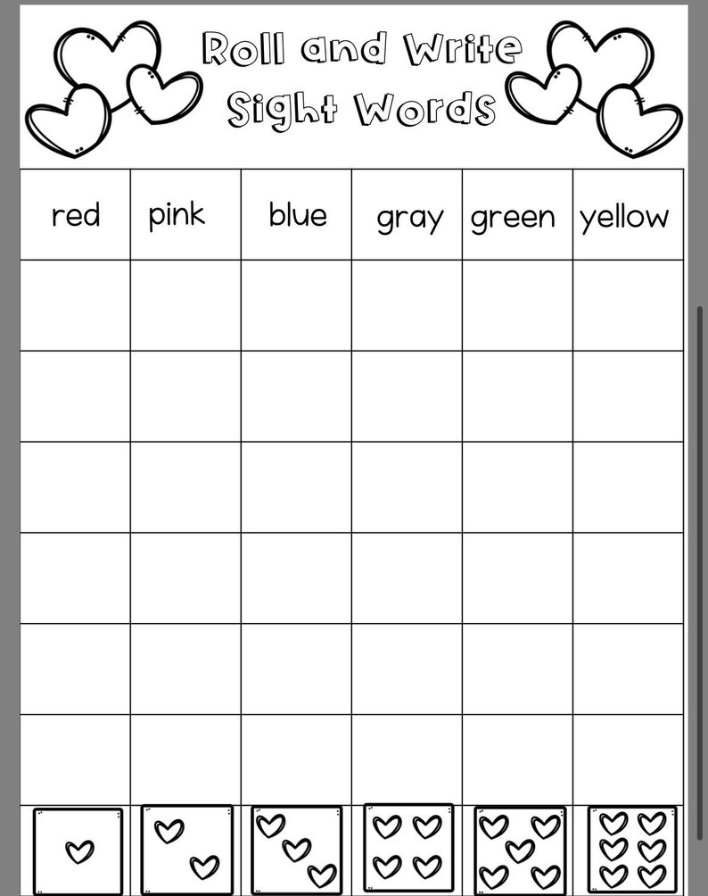 Roll and Write Sight Words: Valentine’s Day Theme Worksheet (instant ...