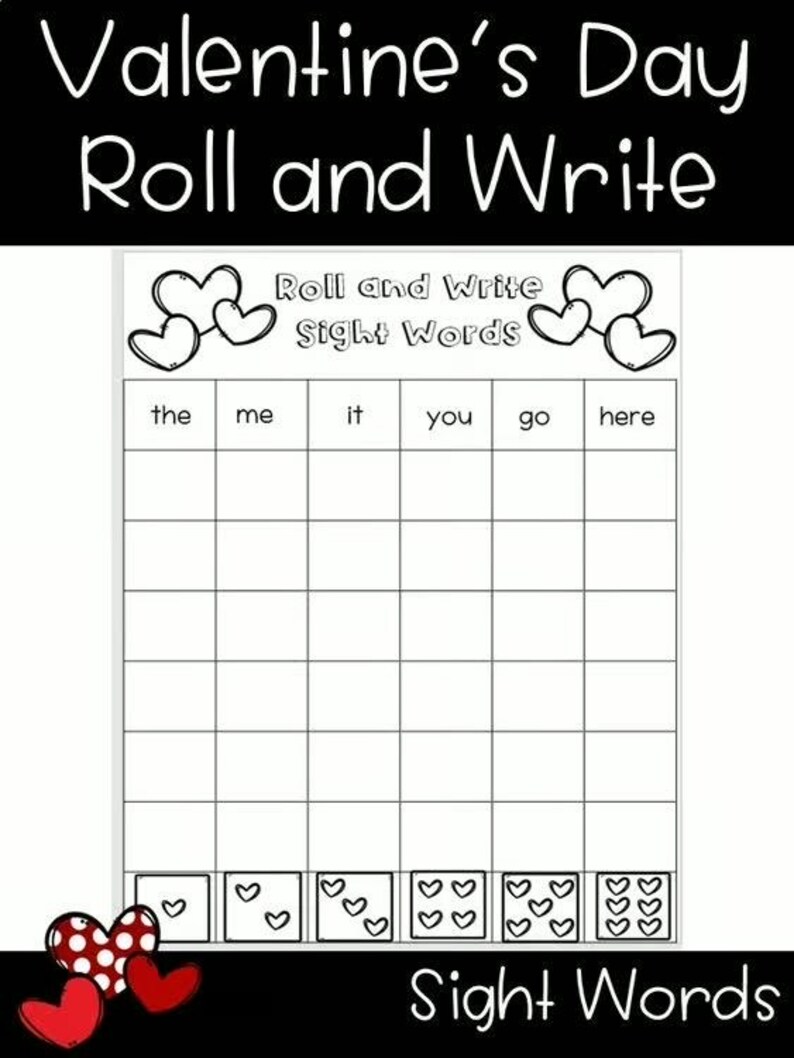 Roll and Write Sight Words: Valentine’s Day Theme Worksheet (instant ...