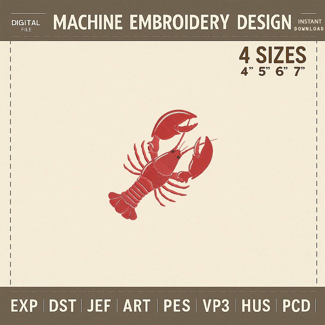 Lobster Machine Embroidery Design - Realistic Red Seafood Motif in 4 ...