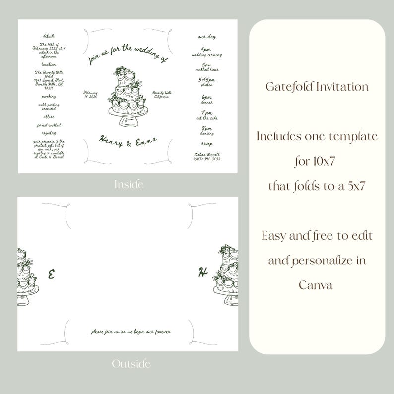 Gatefold Wedding Invitation Hand Drawn Template Trifold Handwritten ...