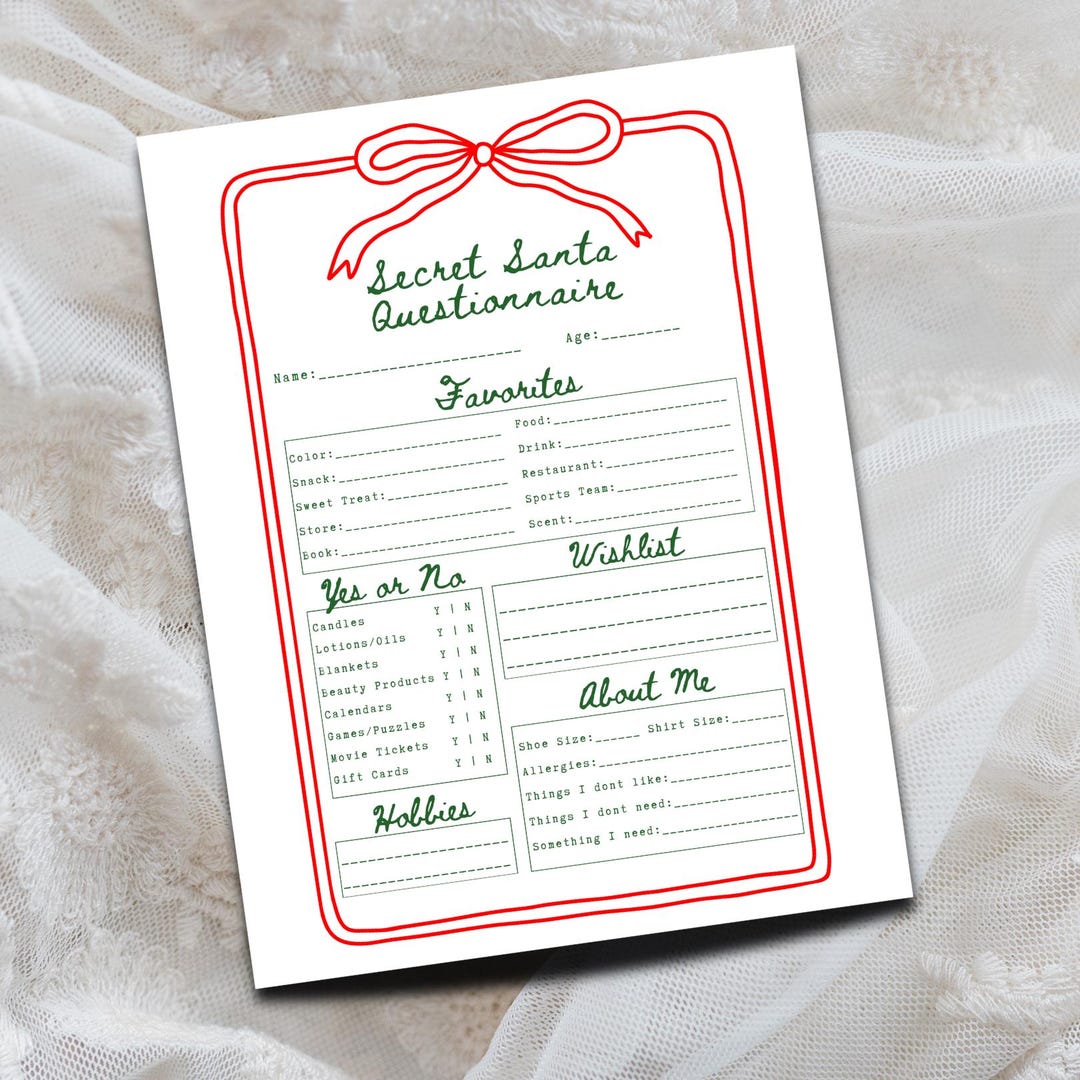 Festive Christmas Secret Santa Questionnaire Printable, Christmas Gift ...