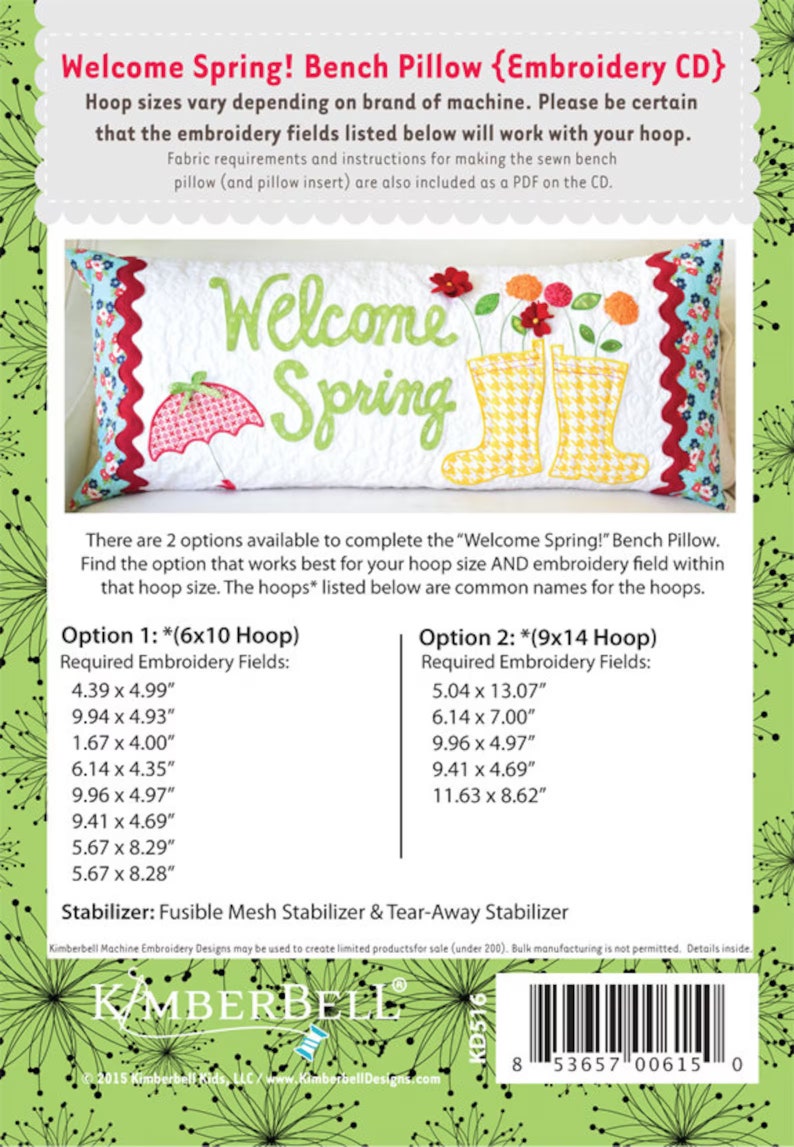Welcome Spring Bench Pillow Embroidery CD by Kimberbell KD516 - Etsy