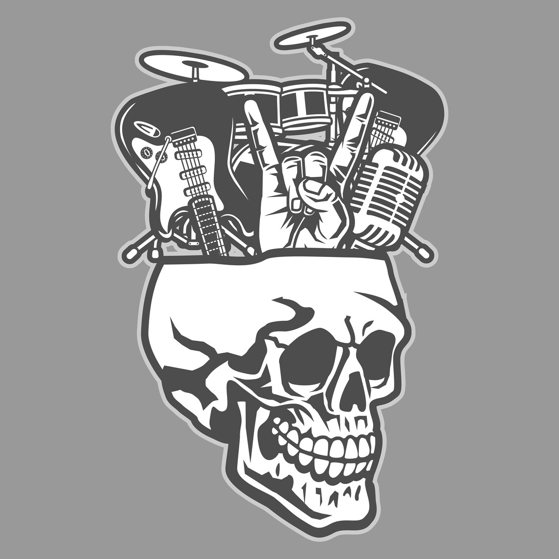Rocker Skull Filled by Rock Band Instruments, Layered Cut File SVG ...