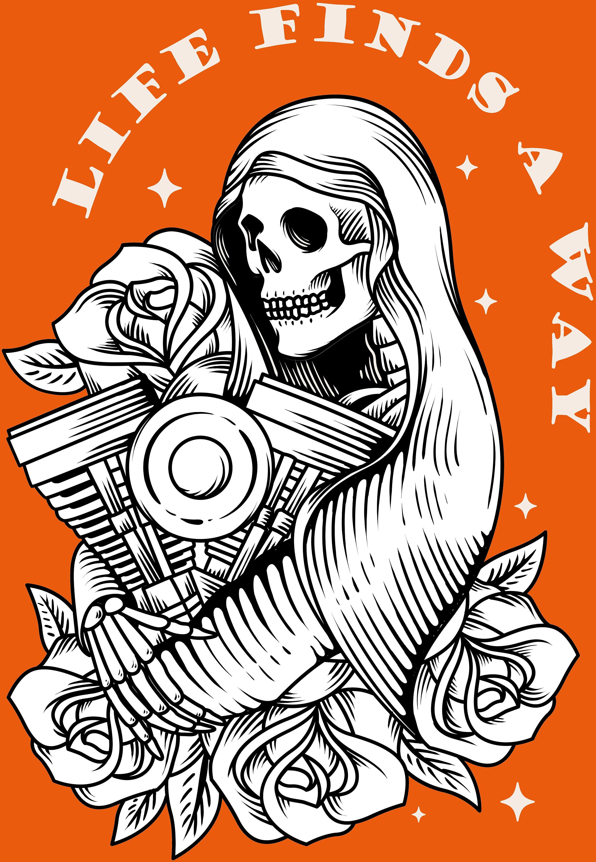 Life Finds a Way, Skeleton Nun Embracing Engine, Color and B&W Versions ...