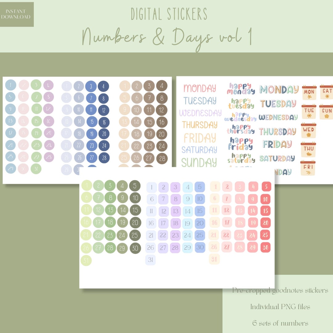 Number and Days Vol 1 Goodnotes Stickers| Everyday Digital Stickers ...