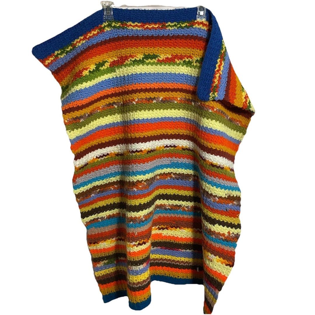 Vintage Afghan Wrap Around SHOULDER BLANKET THROW Blue Orange Yellow ...
