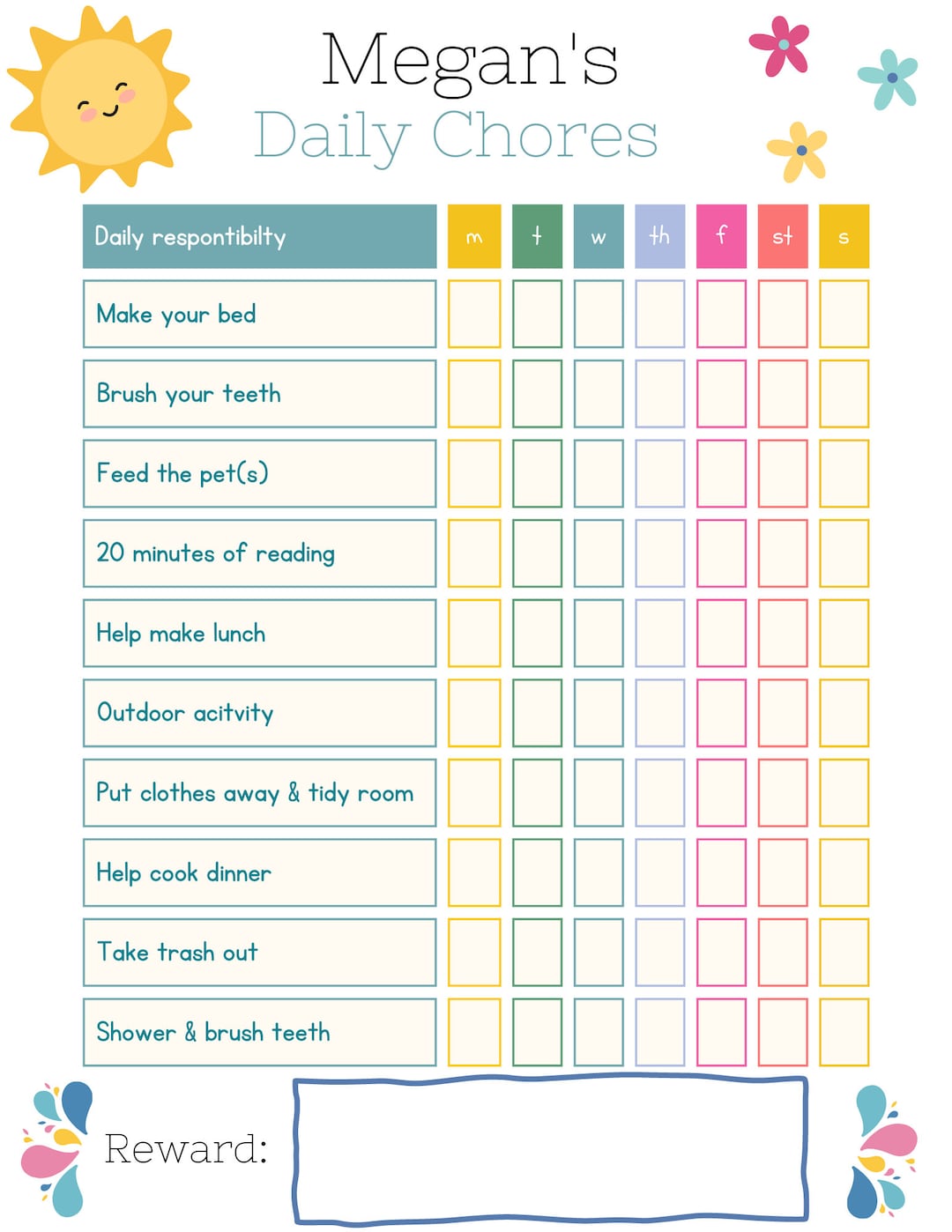 Kids Chore Chart Summer Chores Daily Chore Chart Editable - Etsy