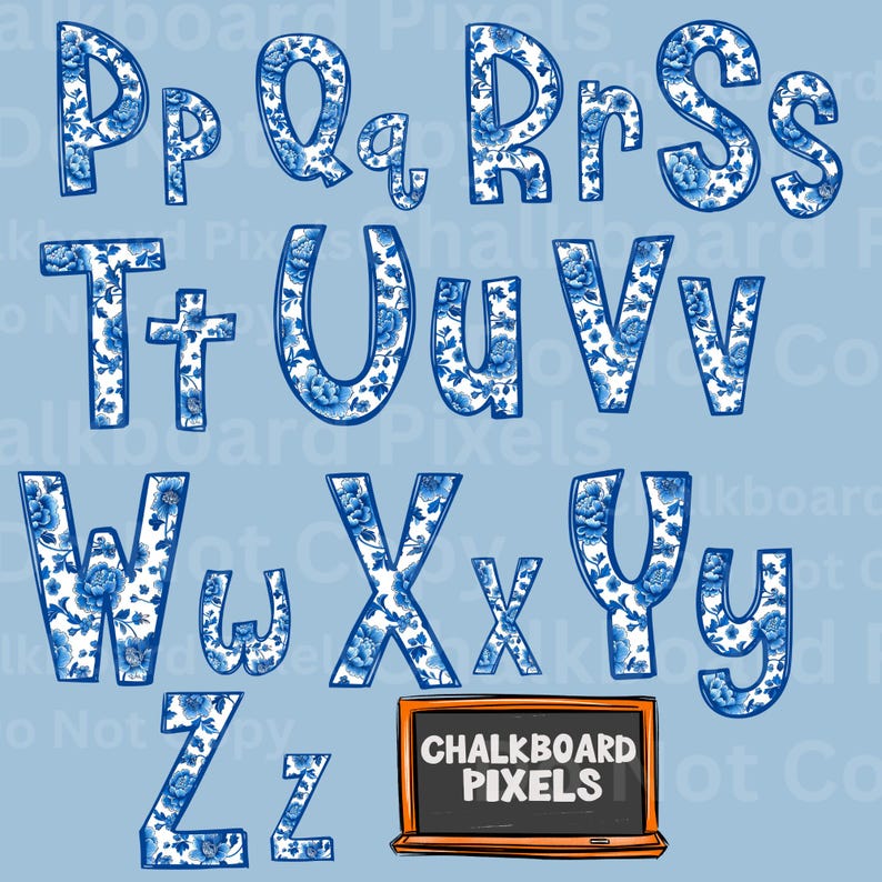 Beautiful Chinoiserie Blue Alpha Font Upper and Lower Case PNG Files ...
