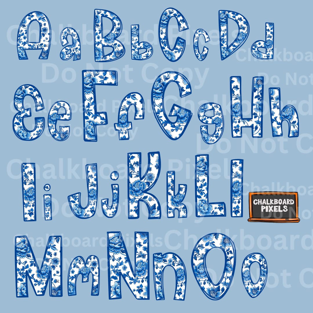 Beautiful Chinoiserie Blue Alpha Font Upper and Lower Case PNG Files ...