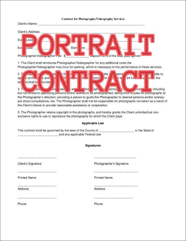 Portrait Contract Photography Contract - Etsy