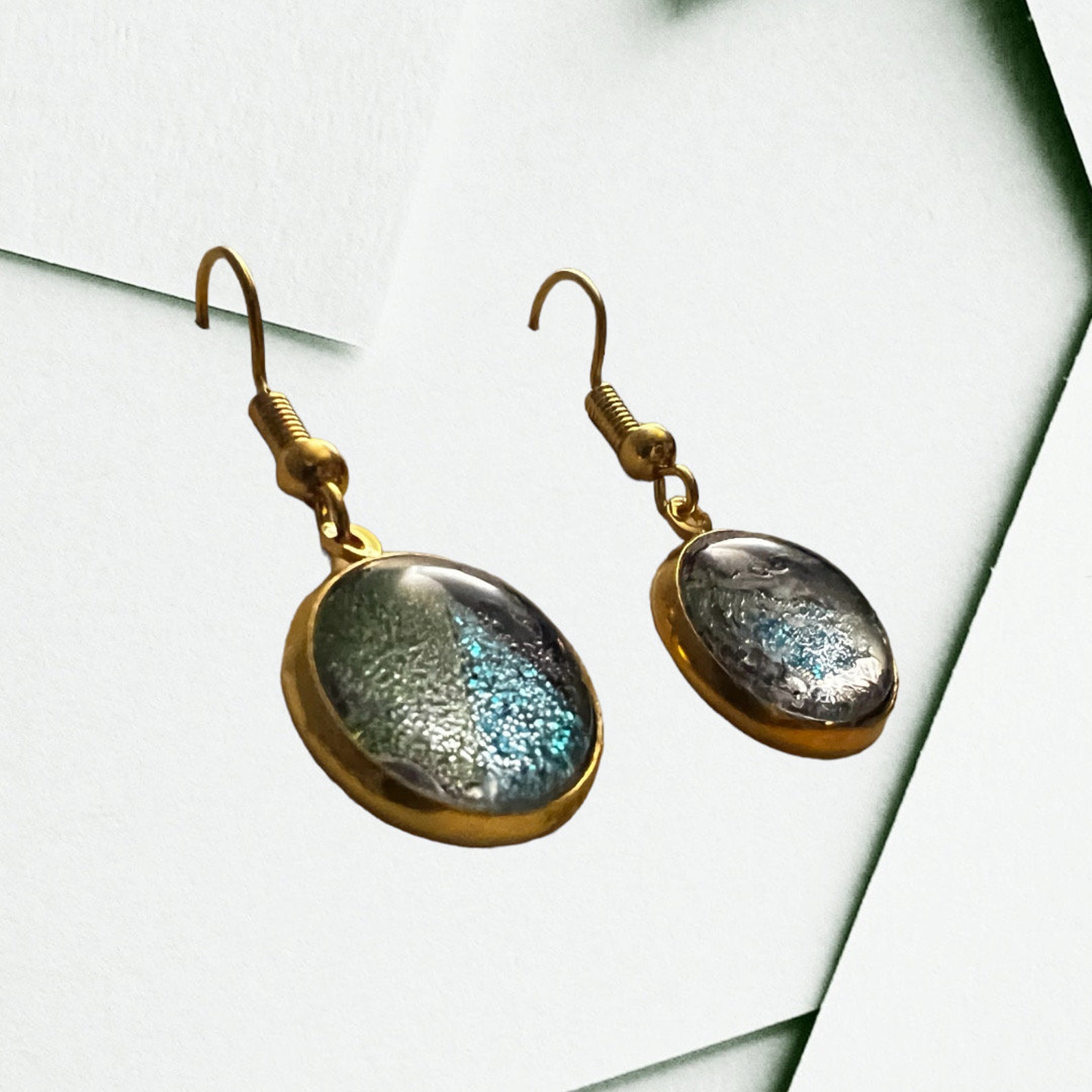 Blue and Green Sparkle Geometric Collage Glass Cabochon Earrings ...
