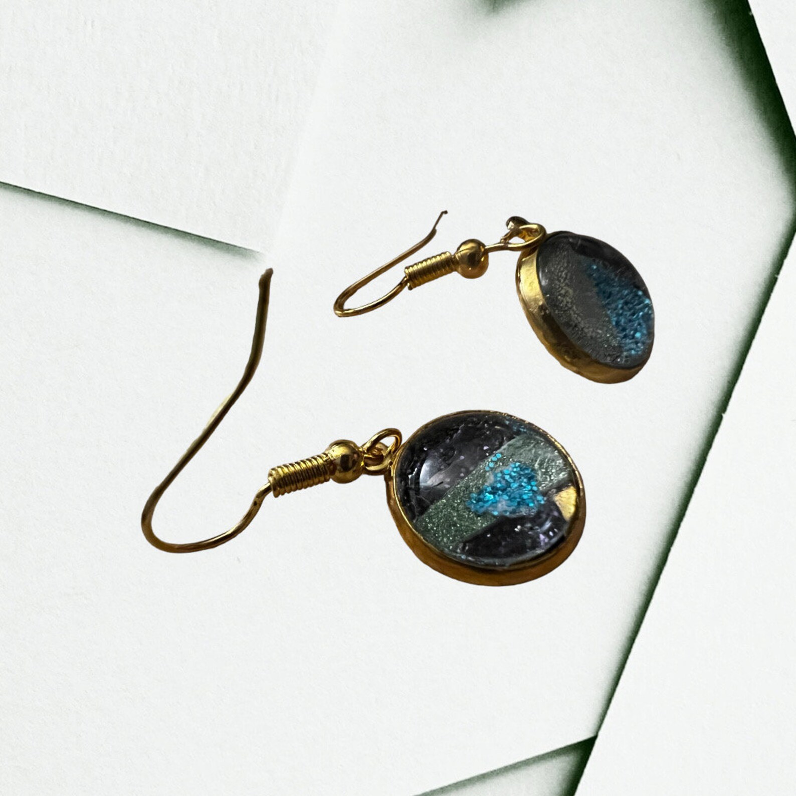 Blue and Green Sparkle Geometric Collage Glass Cabochon Earrings ...