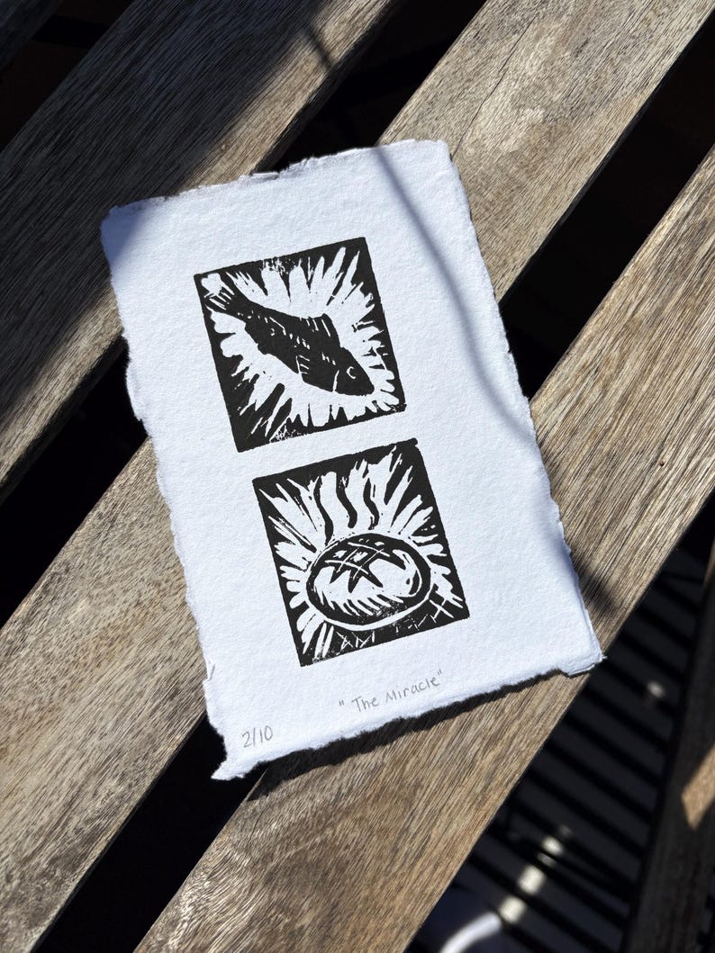 2 Fish, 5 Loafs Linocut Mini Prints | Original Art | Block Print | Fish ...