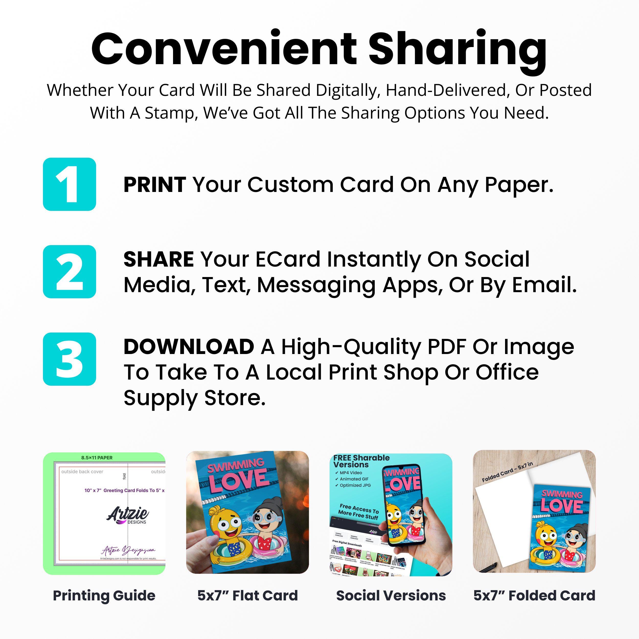 Swimming Printable Digital Download Card, Cute Swimming Characters ...