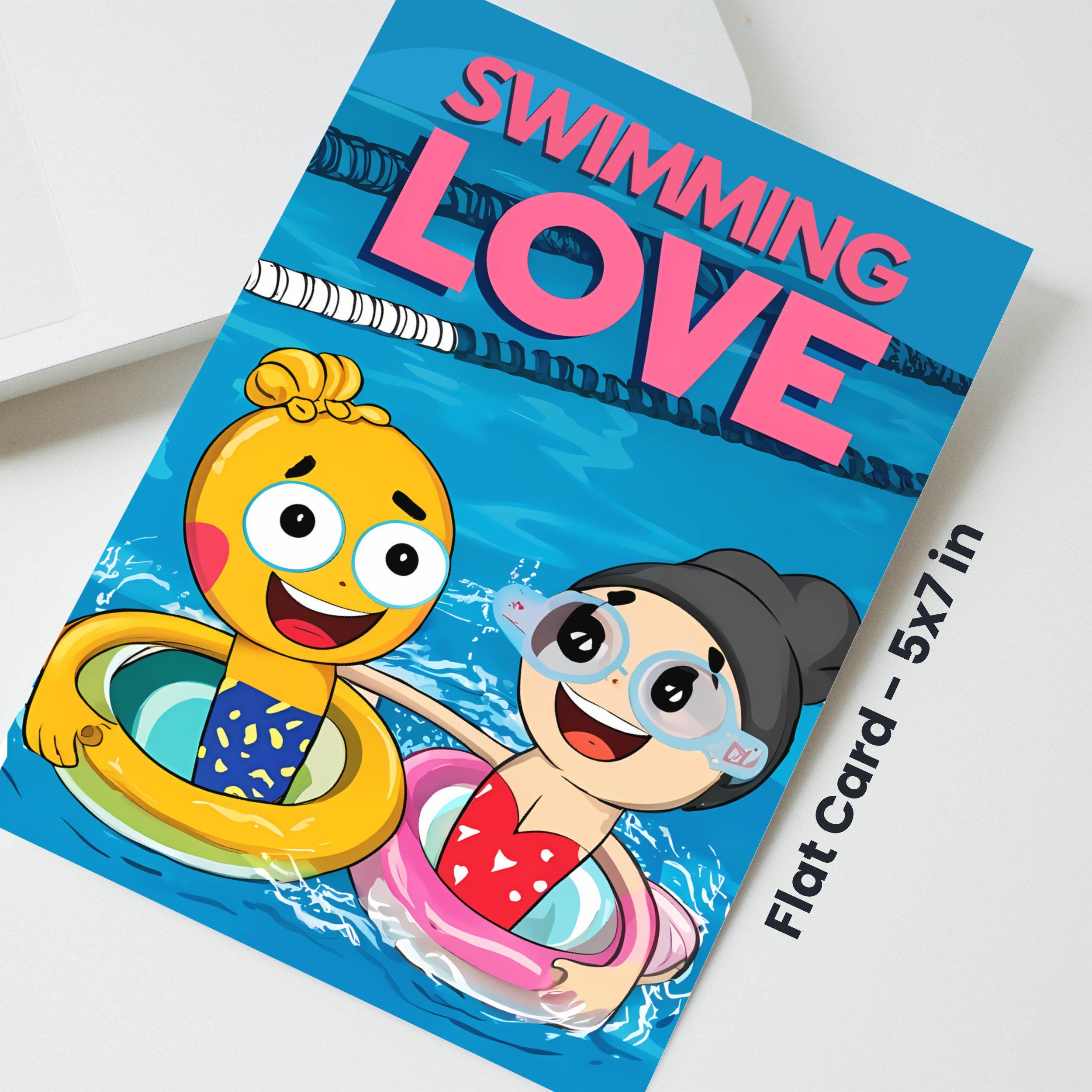 Swimming Printable Digital Download Card, Cute Swimming Characters ...