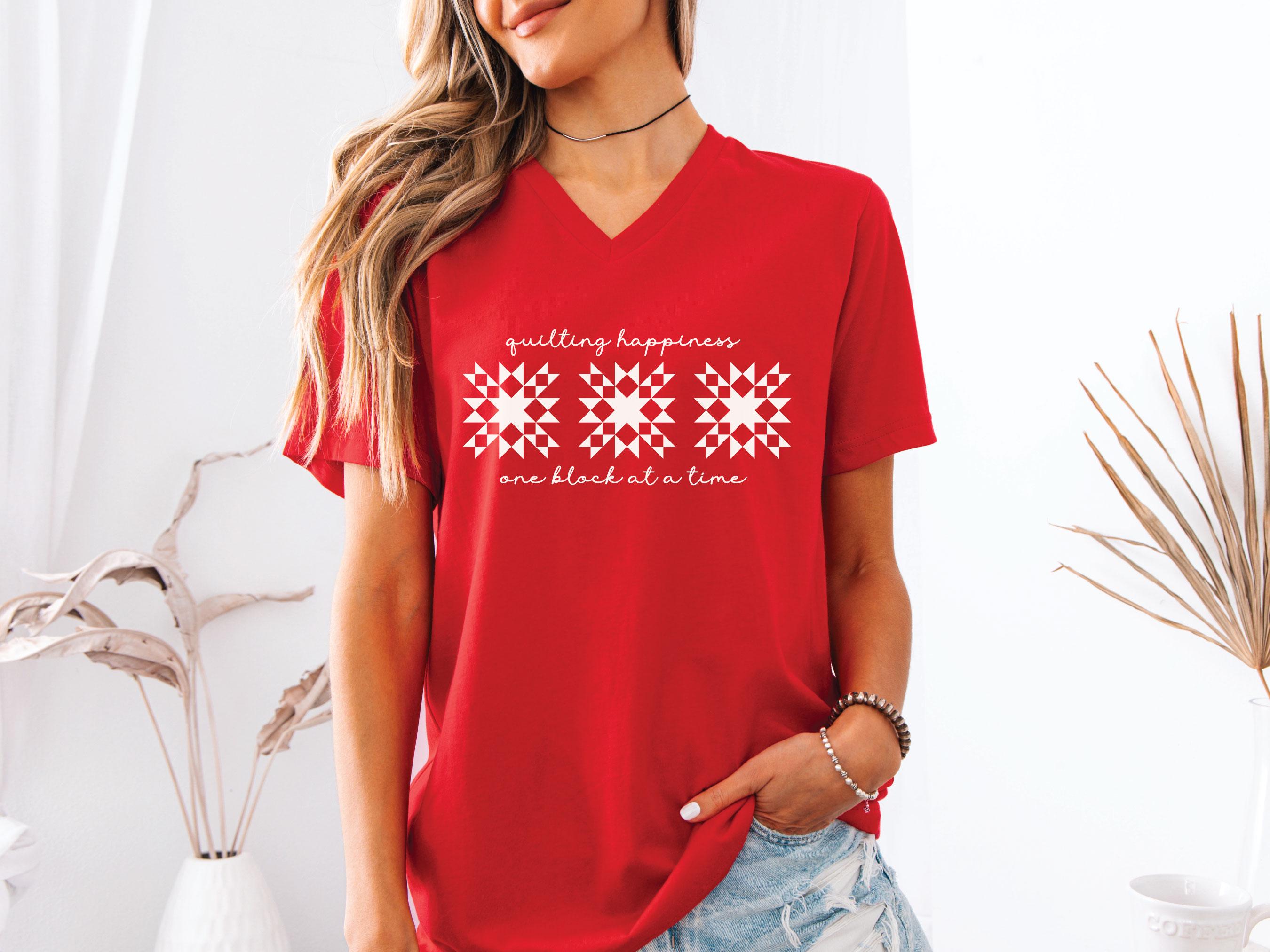 V-neck Quilt Block Tee Shirts, Quilting Happiness T-shirt, Sewing T ...
