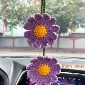 Crochet Daisy Car Mirror Hanging, Handmade Knitted Rear View Mirror ...