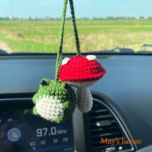 Crochet Frog and Mushroom Ornament, Crochet Frog Car Charm, Crochet ...