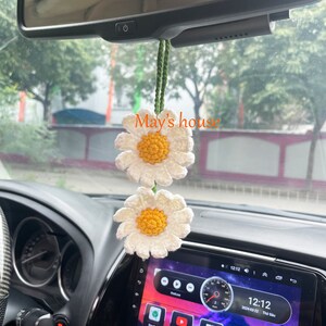 Crochet Daisy Car Mirror Hanging, Handmade Knitted Rear View Mirror ...