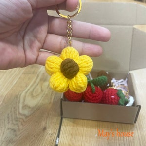 Crochet Flower Keychain, Cherry, Puff Flower, Strawberry, Mushroom ...