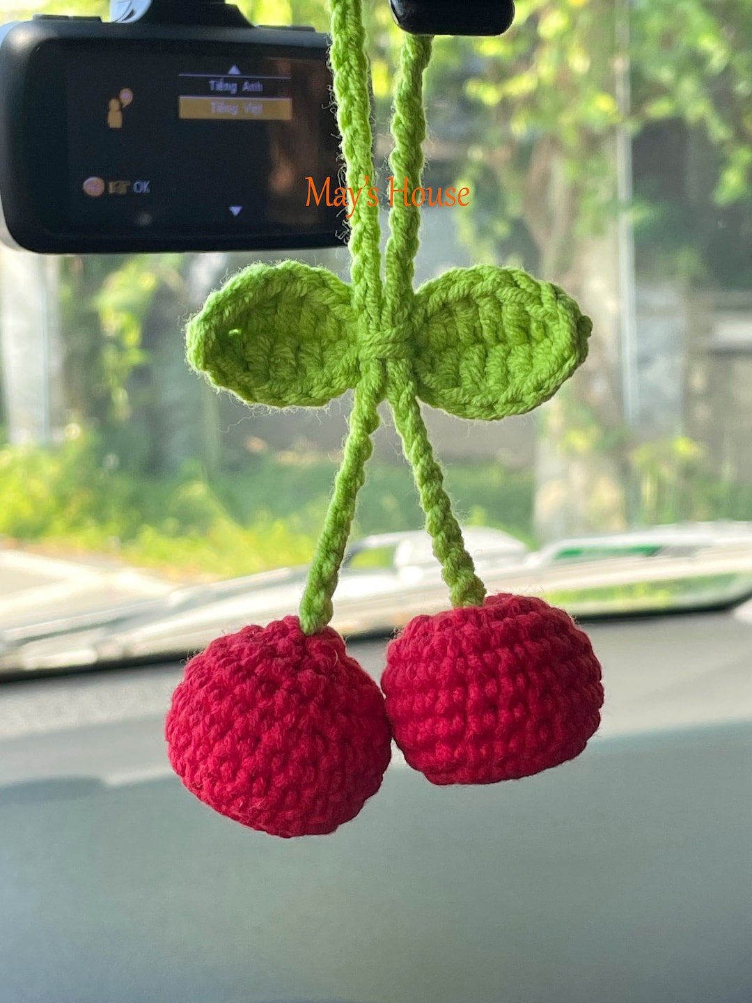 Crochet Cherry Car Mirror Hanging: Handmade Knitted Car Accessory - Etsy