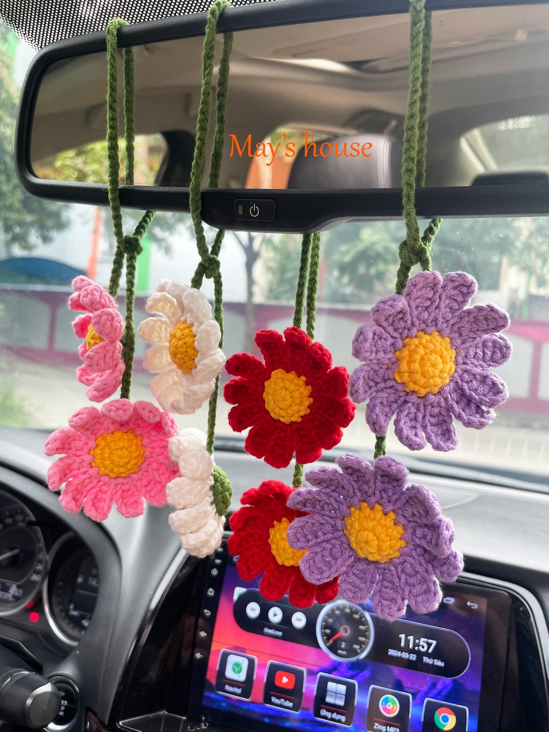 Crochet Daisy Car Mirror Hanging, Handmade Knitted Rear View Mirror ...