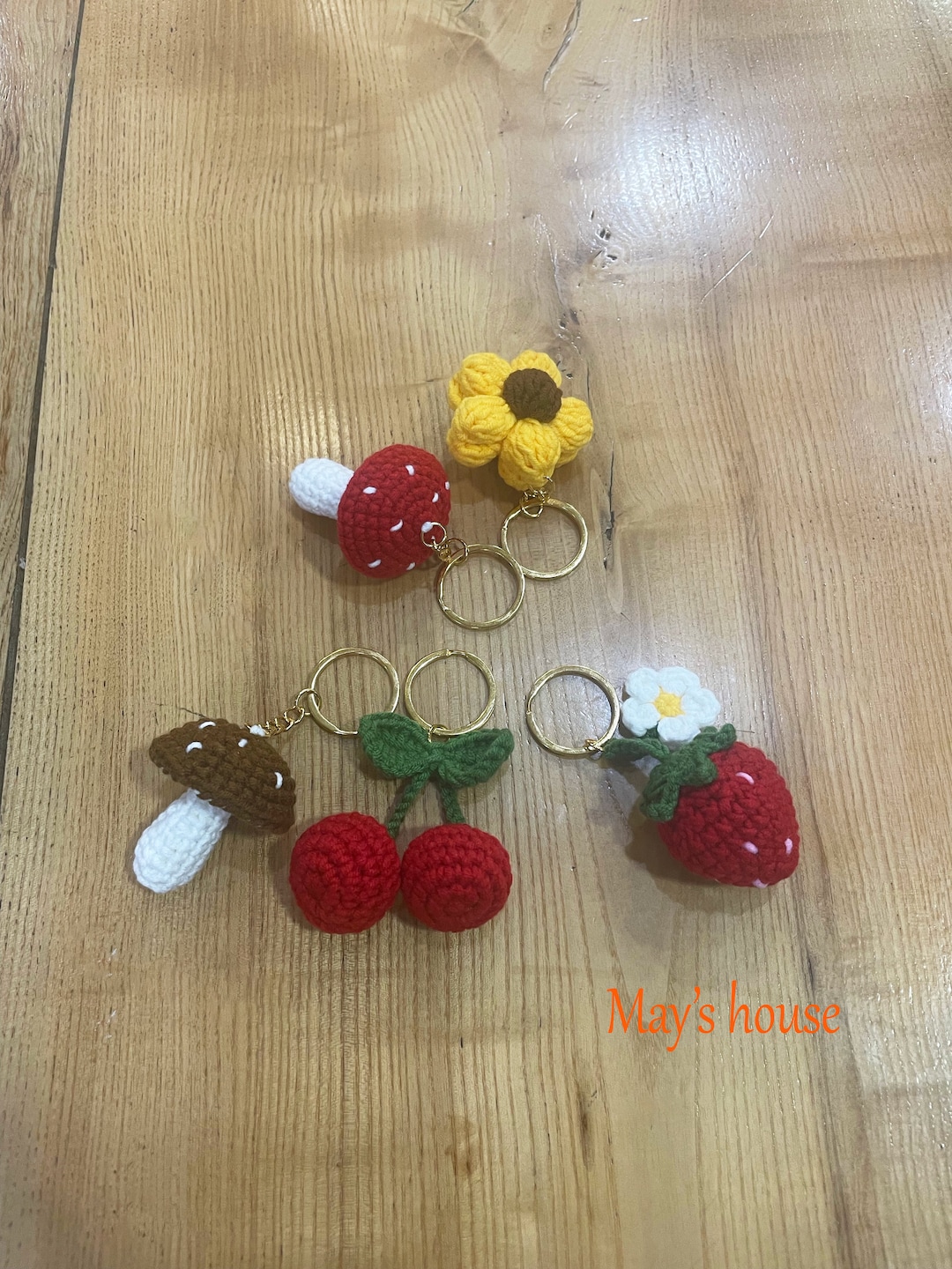 Crochet Flower Keychain, Cherry, Puff Flower, Strawberry, Mushroom ...
