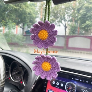 Crochet Daisy Car Mirror Hanging, Handmade Knitted Rear View Mirror ...