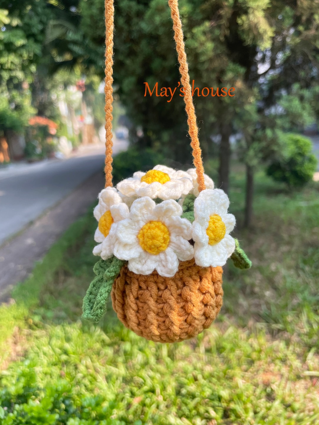 Daisy Basket Car Mirror Hanging, Handmade Knitted Rear View Mirror ...