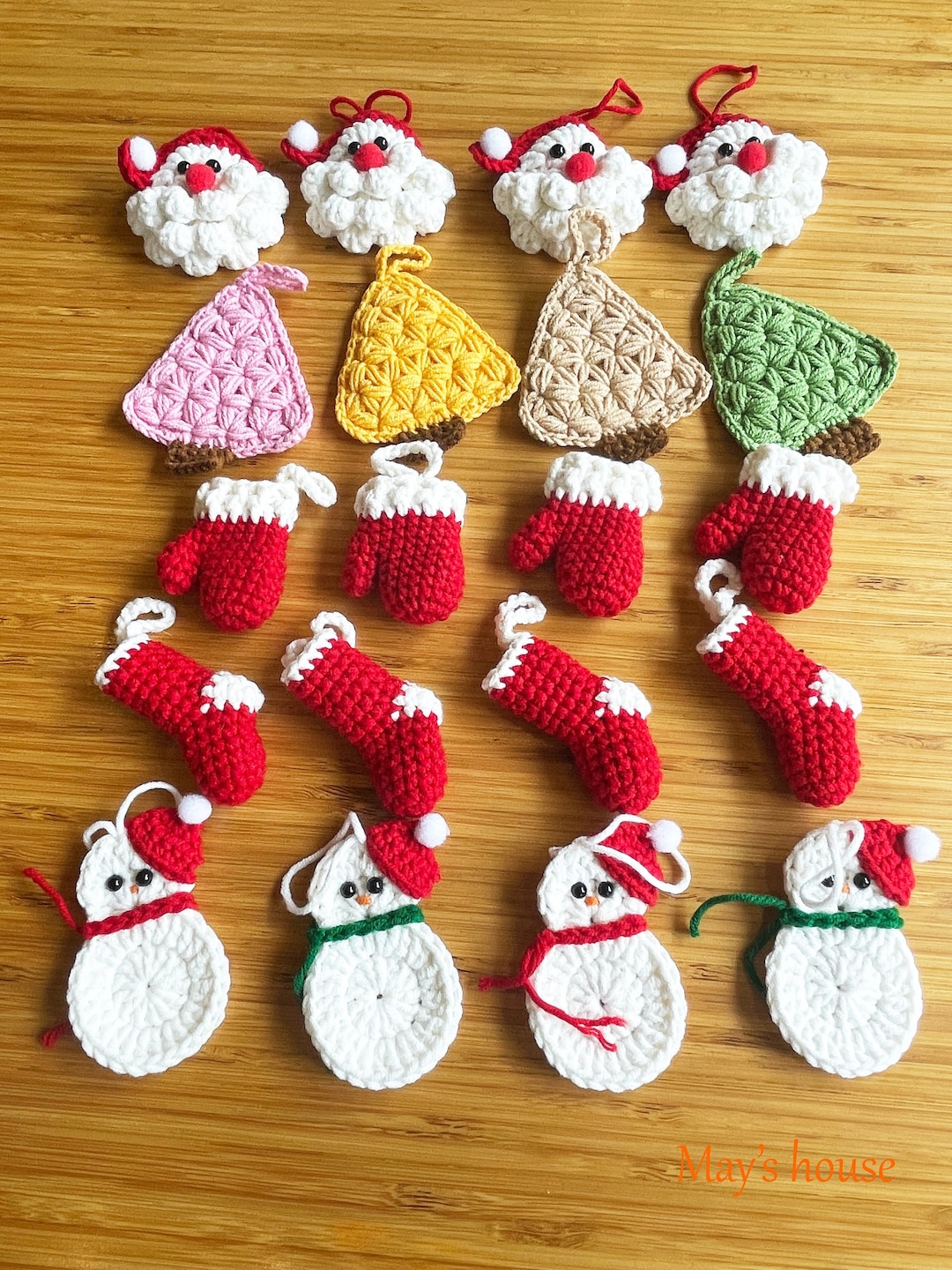 Set of 4 Crochet Santa, Snowman, Christmas Tree, Mini Stocks, Mittens ...
