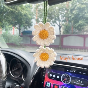 Crochet Daisy Car Mirror Hanging, Handmade Knitted Rear View Mirror ...