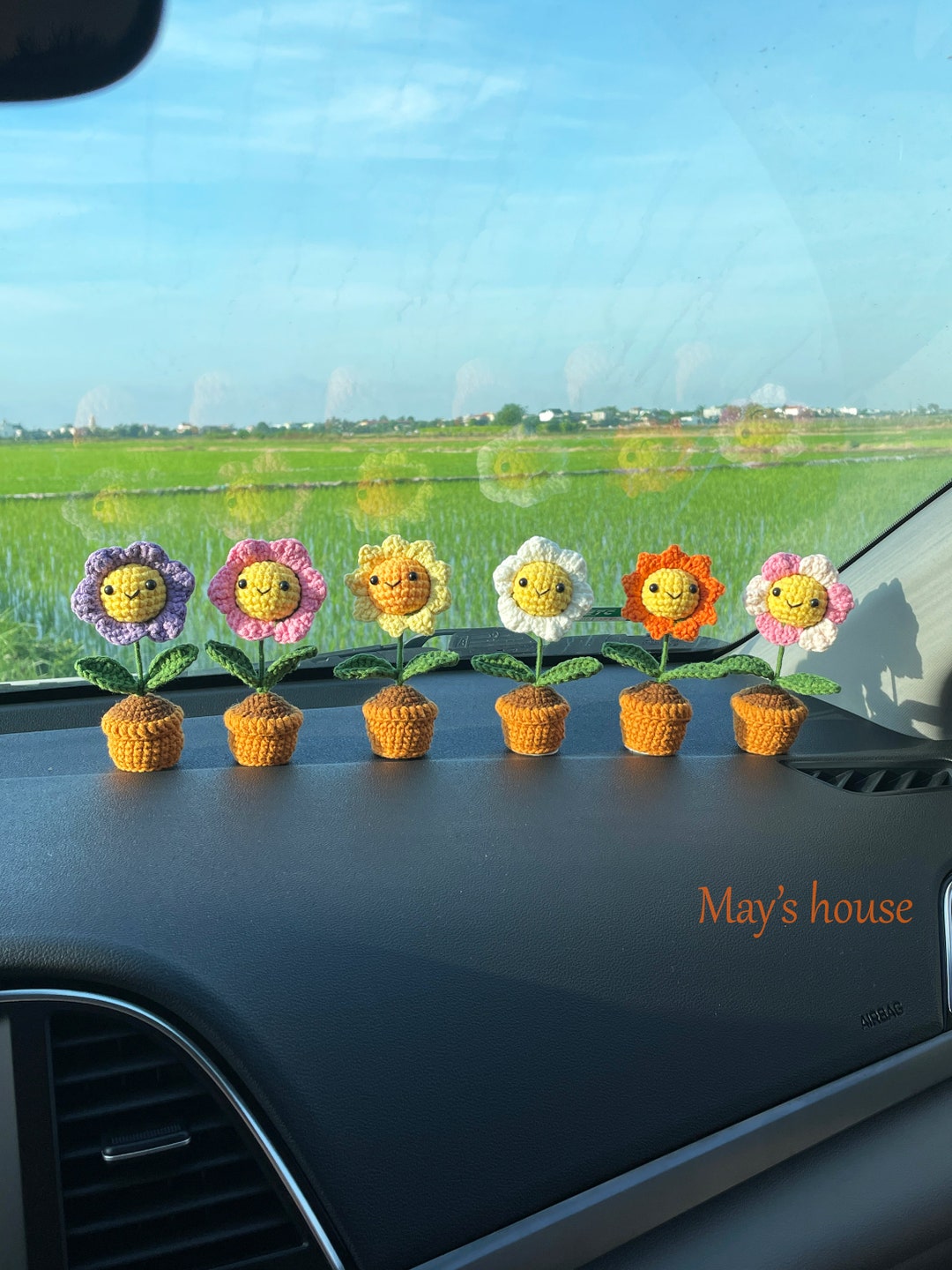 Crochet Potted Flower: Car Dashboard Decor - Handmade Cotton Daisy ...