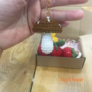 Crochet Flower Keychain, Cherry, Puff Flower, Strawberry, Mushroom ...