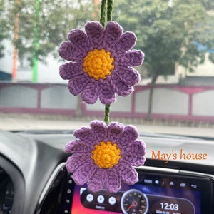 Crochet Daisy Car Mirror Hanging, Handmade Knitted Rear View Mirror ...