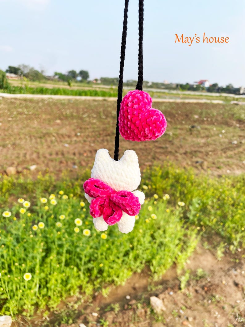 Crochet Cat Car Hanging With Heart, Valentine’s Day Gift, Cute Rearview ...