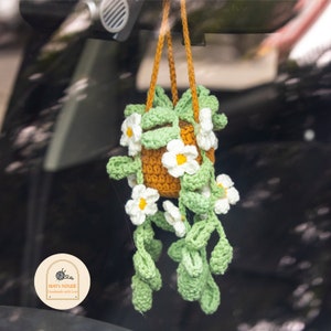 Daisy Potted Plant Car Mirror Hanging, Handmade Knitted Rear View ...