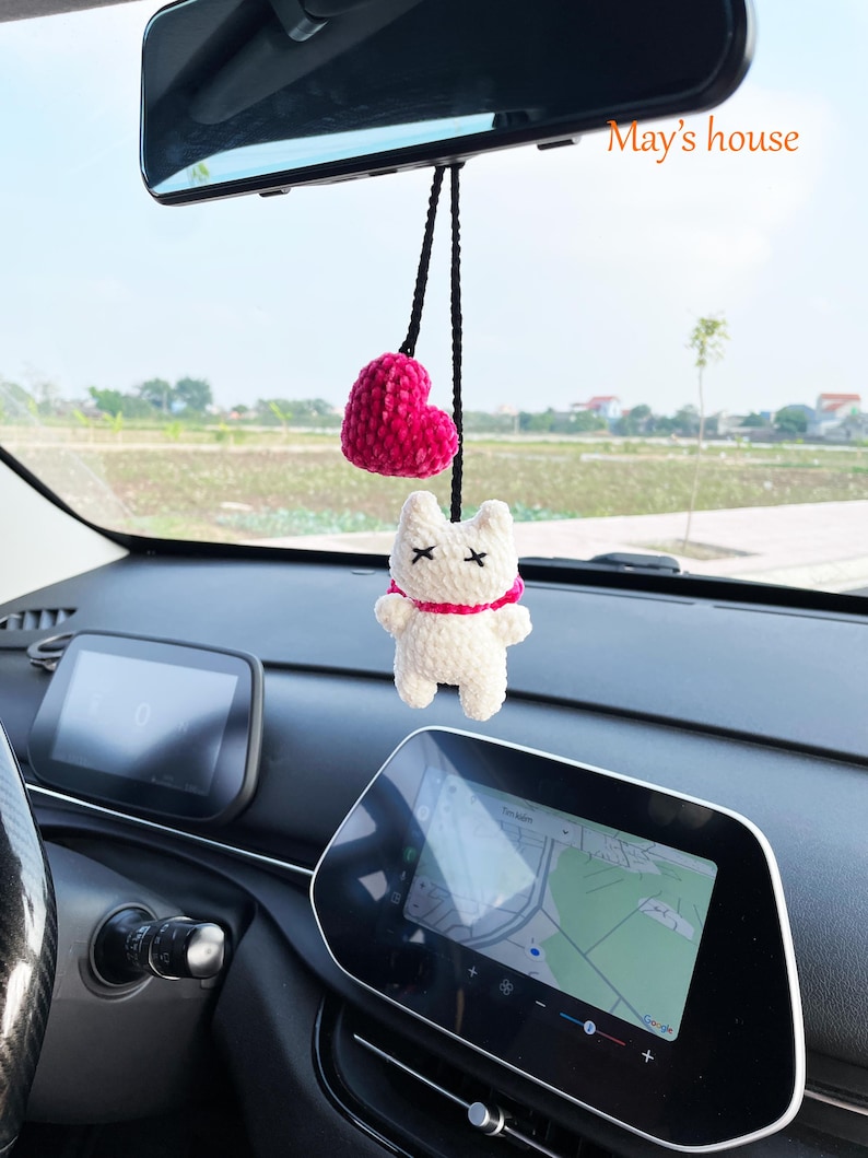 Crochet Cat Car Hanging With Heart, Valentine’s Day Gift, Cute Rearview ...
