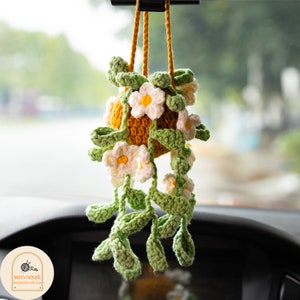 Daisy Potted Plant Car Mirror Hanging, Handmade Knitted Rear View ...