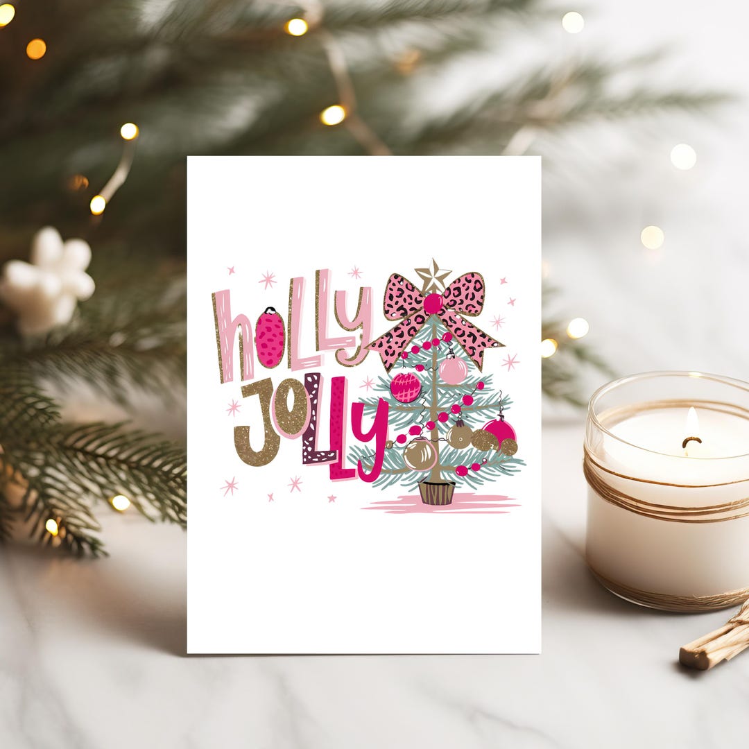 10 Pack Holly Jolly Christmas Cards | Pink Leopard Bow Holiday Cards ...