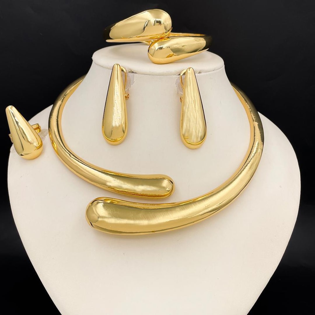 Bold Gold Plated Jewelry Set for Women | Collar Necklace, Teardrop ...